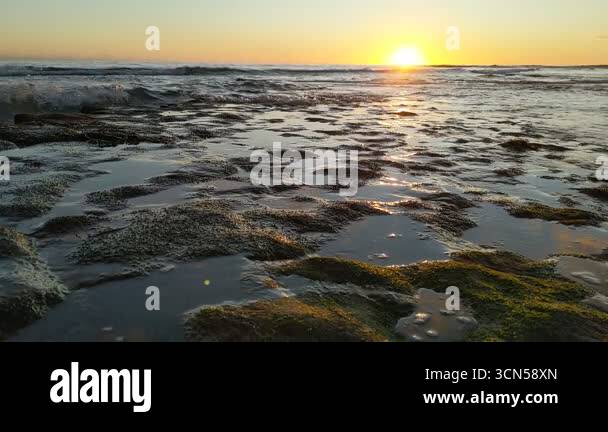 Southern California beach scenes 4K video at sunset with tide pools ...
