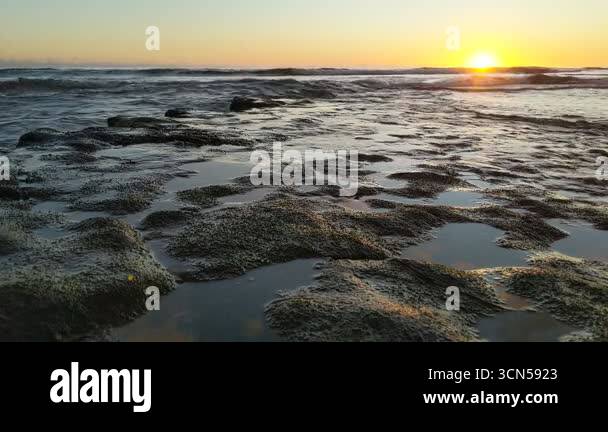 Southern California beach scenes 4K video at sunset with tide pools ...