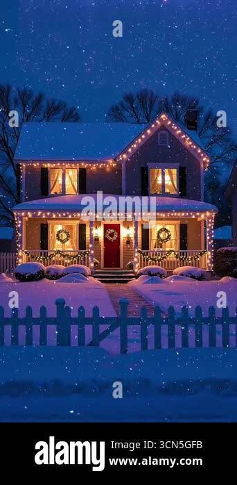 Cozy festive house with Christmas lights snow and winter decorations at ...