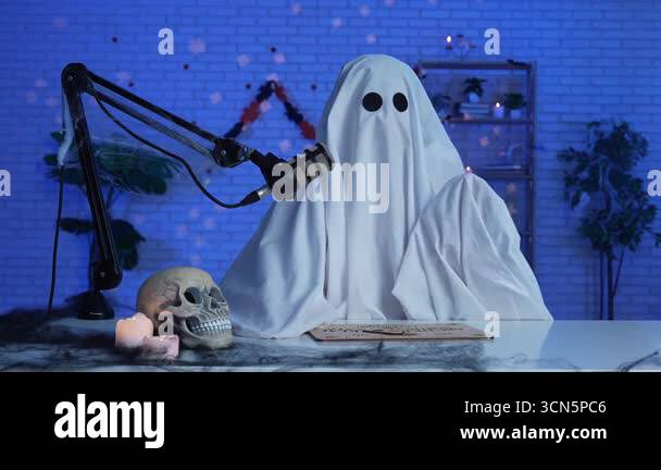 A person dressed as a ghost in a white sheet sits in front of a ...