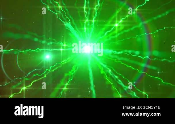 Abstract green light rays radiating from a central point, creating a ...