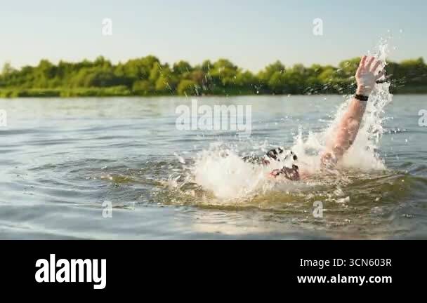 Collage depicting distressing moments of male swimmer drowning in lake ...