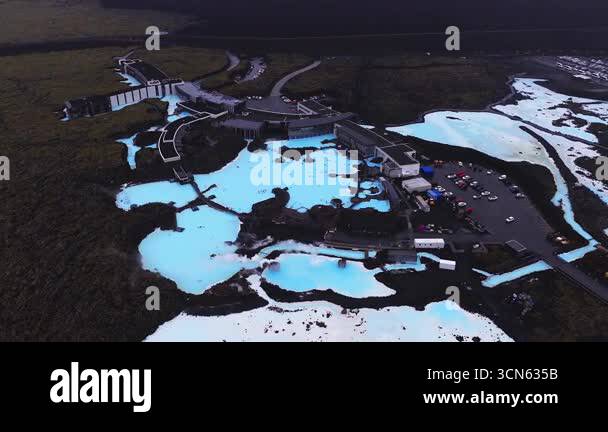 Aerial view of the Blue Lagoon Spa in Iceland, with bright blue waters ...