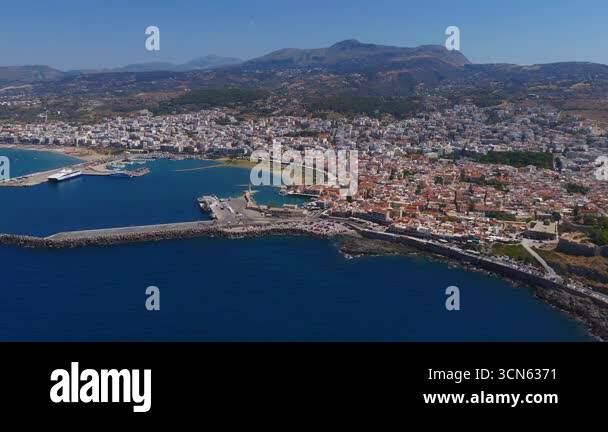 Aerial view of Rethymno, Crete, showing white and terracotta roofed ...