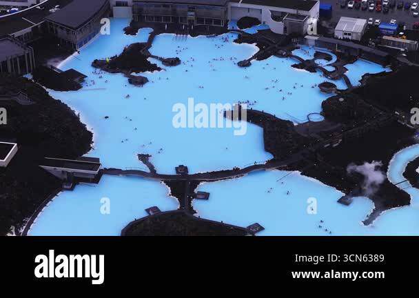 Aerial view of the Blue Lagoon Spa in Iceland, with bright blue ...