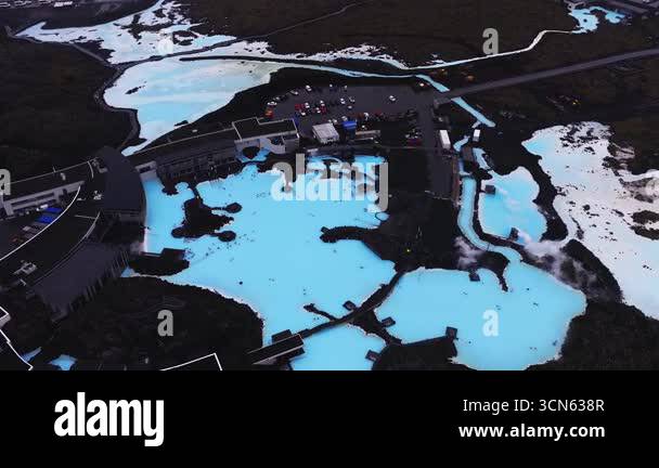 Aerial view of the Blue Lagoon Spa in Iceland, showing bright blue ...