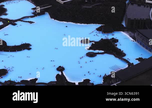 Aerial view of the Blue Lagoon Spa in Iceland, featuring bright blue ...
