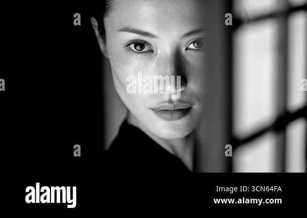 Black and white close up of a womans face gazing introspectively ...