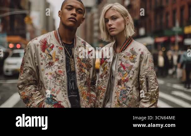 Stylish duo poses confidently on a city street, wearing matching embroidered bomber jackets ...