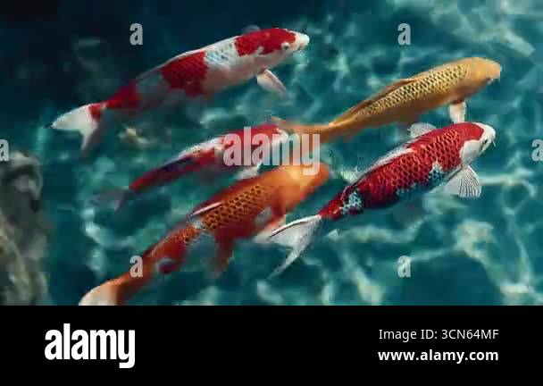 A vibrant group of koi fish elegantly glides through a crystal-clear ...
