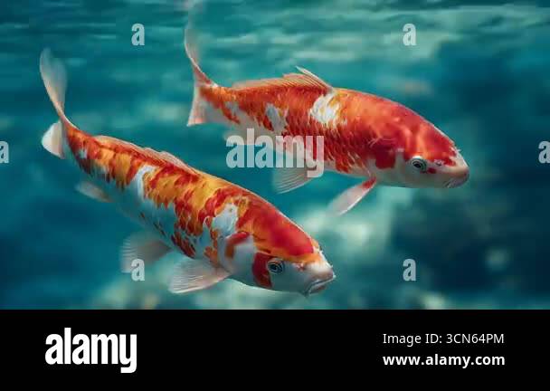 Two vibrant koi fish swim gracefully through crystal clear water ...