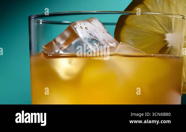Close-up of a refreshing iced tea served in a glass with clear ice ...