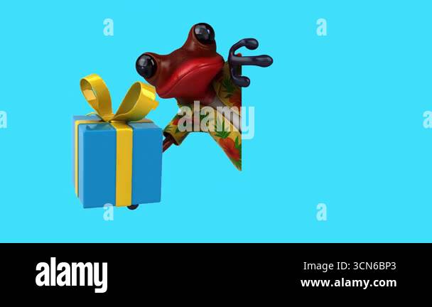 Fun 3D cartoon character. Frog in hawaii shirt showing gift box Stock ...