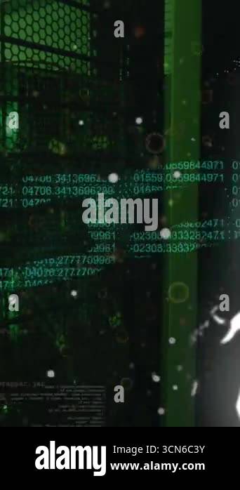 Animation of security chain icon over spinning globe and data processing against server room ...