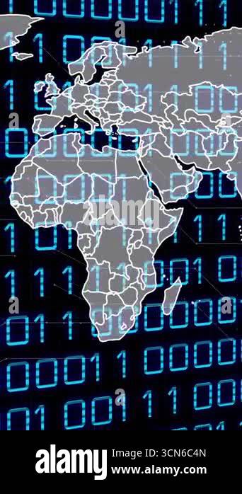 Overlaying binary code, world map illustrating global digital ...