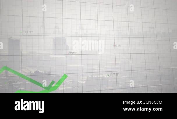 Grid appearing over city skyline starting market chart with two green ...