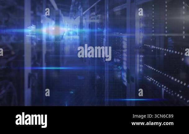 Lens flares initiating scan, server racks emitting light and showing data overlays visualizing ...