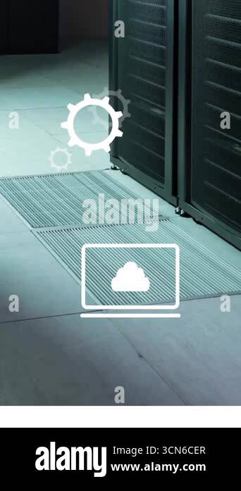 Animation of digital business icons and data processing over computer ...