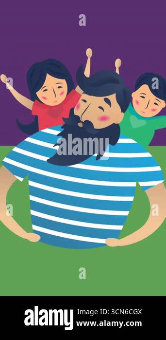Animation of illustration of happy father playing with son and daughter ...