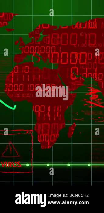 Animation of digital world map showing virus and malware warnings in red and green ...