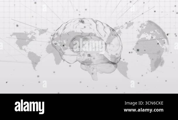 Brain model entering left, pulsing nodes over map, rotating lines, settling right visualizing ...