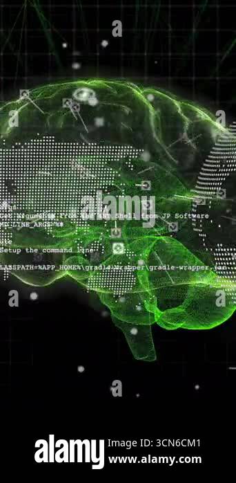 Green digital brain with data and network connections over world map ...