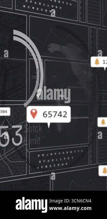 Animation of digital map showing location markers and numerical data points. Technology, GPS ...