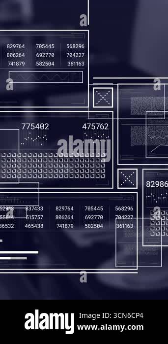 Animation of screens and financial data processing over office. Global ...