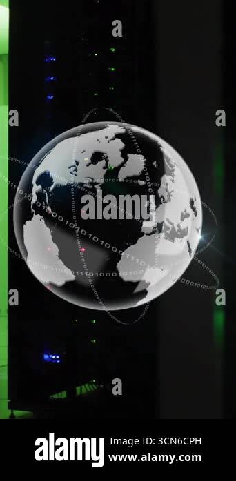 Animation of globe and data processing over computer servers. Global connections, computing and ...