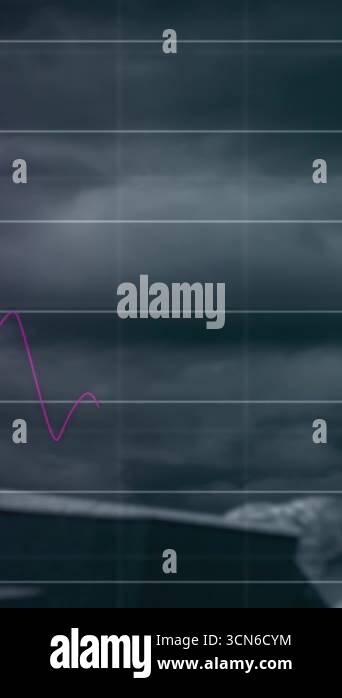 Animation of data processing over broken dollar symbols and dark clouds ...