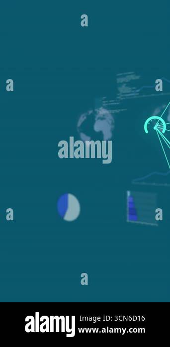 Data network and analytics animation over world maps and graphs. Technology, global ...