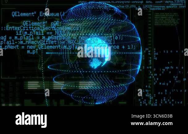 On startup holographic dotted globe rotating while code scrolling ...