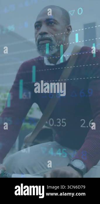 Animation of financial data processing over african american man riding ...