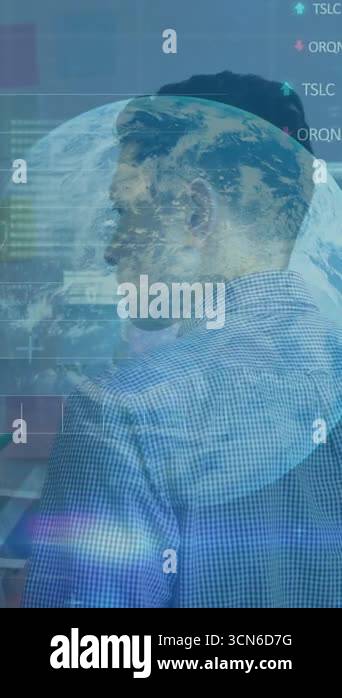 In office, business professionals analyzing global data with Earth ...