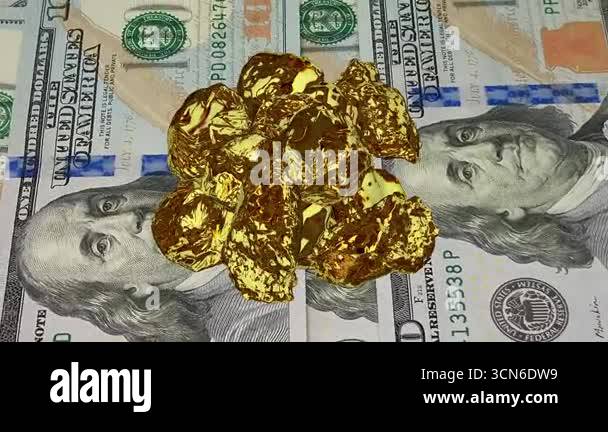 Precious Metals Concept with Spinning Gold Nuggets and Hundred Dollar ...
