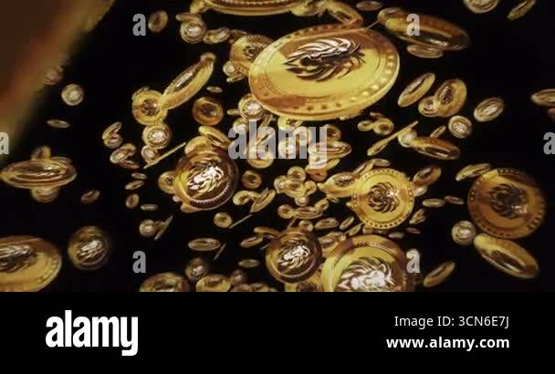 Lion power symbol isolated flying between golden coins background ...