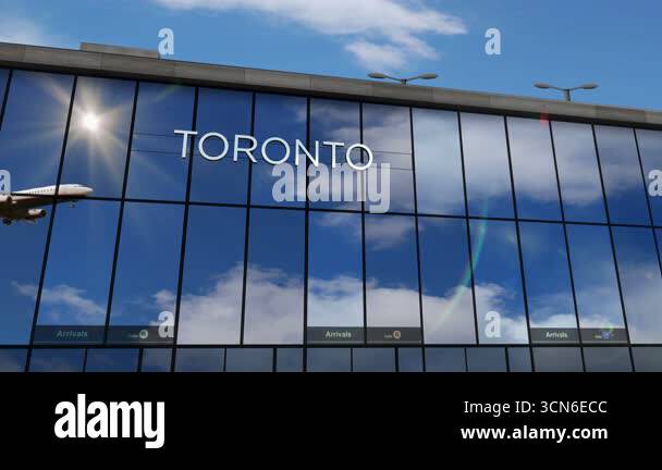 Plane landing at Toronto, Canada. Arrival in the city with the glass ...