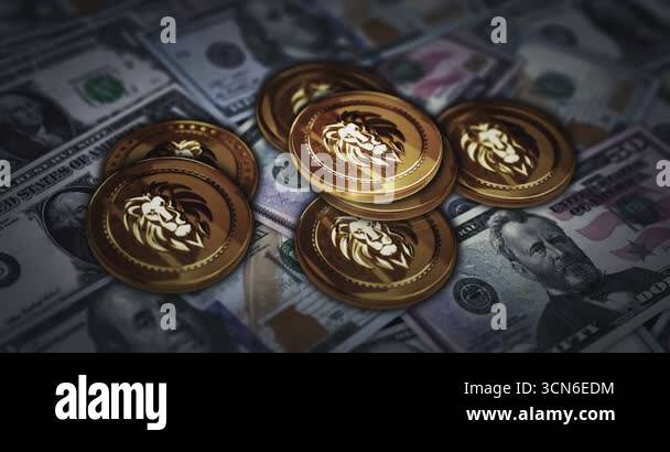 Lion power symbol golden coin over Dollar banknotes. Crypto currency ...