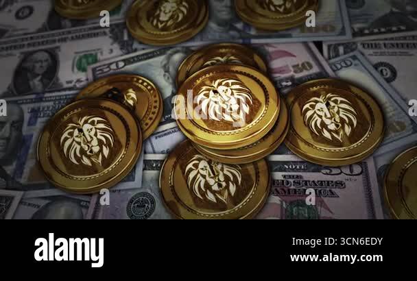 Lion power symbol golden coin over Dollar banknotes. Crypto currency ...