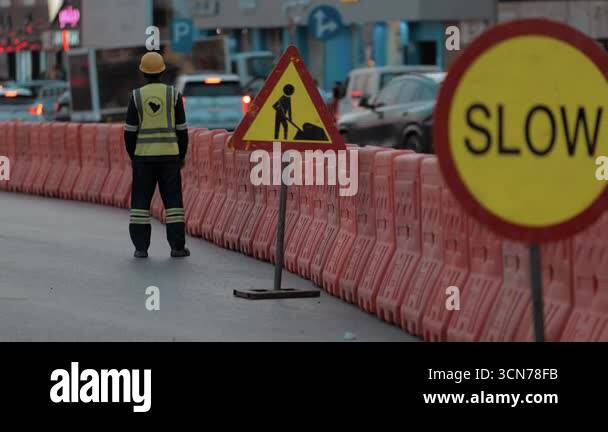 Road construction with traffic signs in Saudi Arabia. Street scene with ...