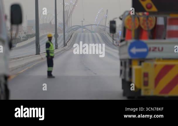 Road construction with traffic signs in Saudi Arabia. Street scene with ...