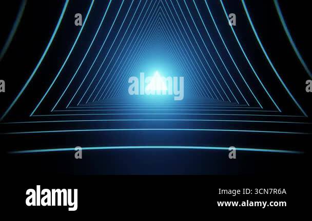 Blue triangles shape zooming light structures of wall. Hi-tech sci-fi tunnel. Trendy glow arrows ...