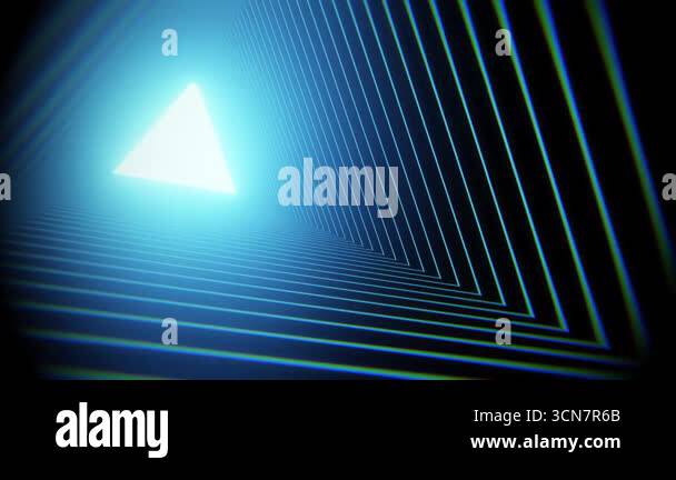 Blue triangles shape zooming light structures of wall. Hi-tech sci-fi tunnel. Trendy glow arrows ...