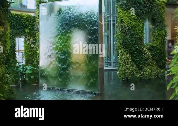 Lush vertical gardens and modern glass waterfall feature inside a Bangkok shopping mall with ...