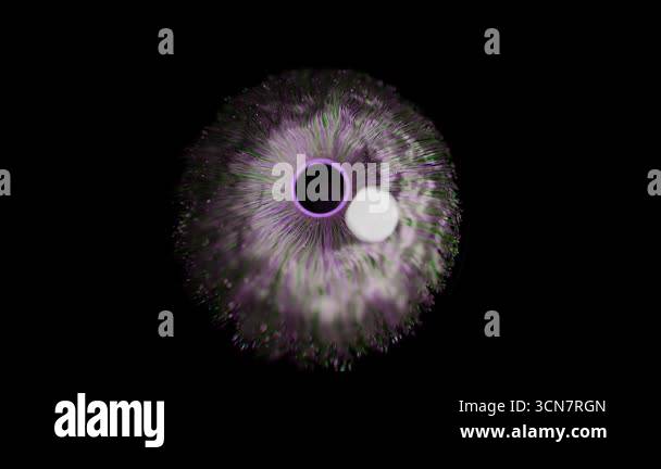 Hypnotic close-up of an abstract digital eye with a vibrant purple iris ...