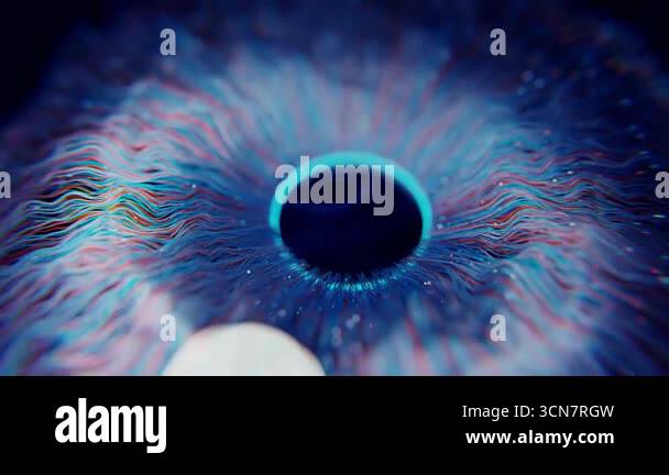 Close-up of a vibrant abstract eye featuring a glowing blue pupil ...
