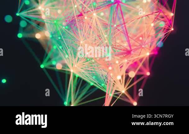 Dynamic abstract animation features a vibrant geometric network of glowing interconnected nodes ...