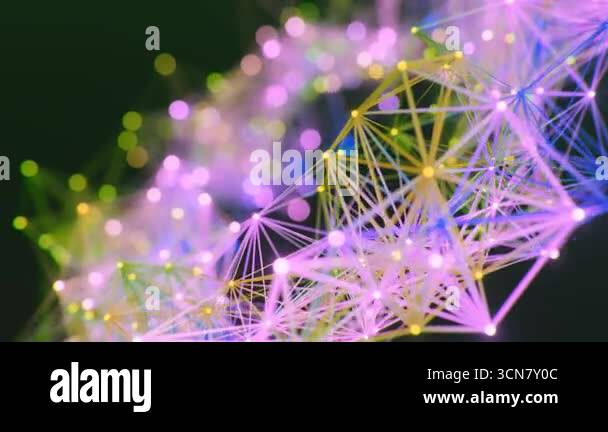 Vibrant abstract network of glowing interconnected lines and nodes, representing data ...