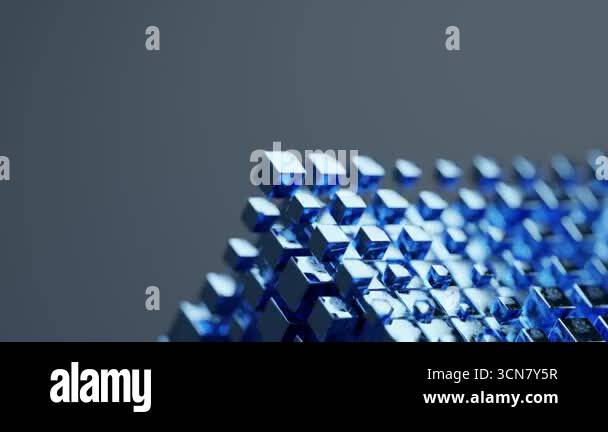 Dynamic animation features reflective blue cubes forming a structured grid, symbolizing data ...