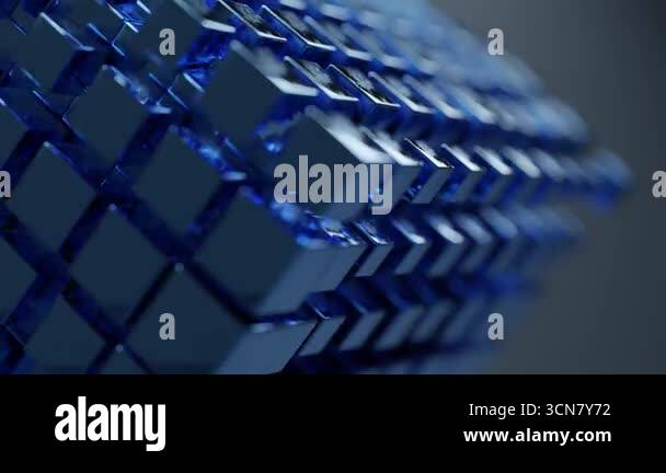 Animated blue metallic and translucent cubes dynamically shift in a grid, creating a futuristic ...